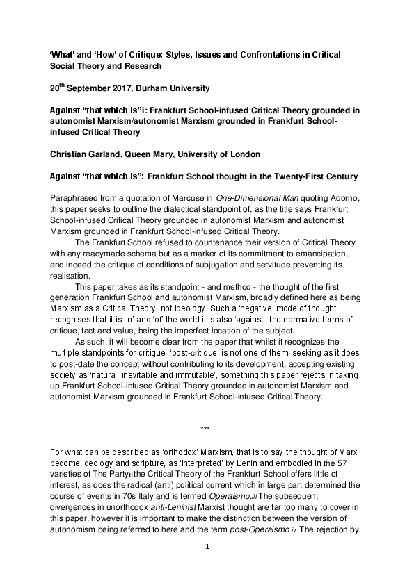 (PDF) Garland, C. (2017) 'Against “that which is”: Frankfurt School ...