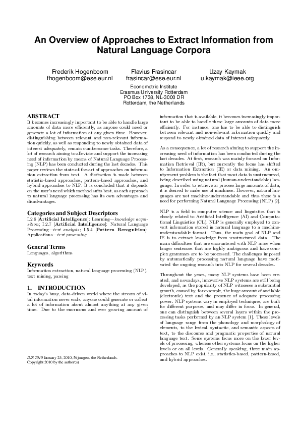 Pdf An Overview Of Approaches To Extract Information From Natural Language Corpora