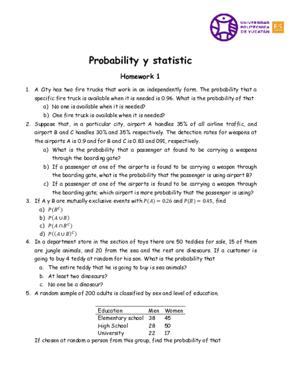 (DOC) Probability y statistic Homework 1