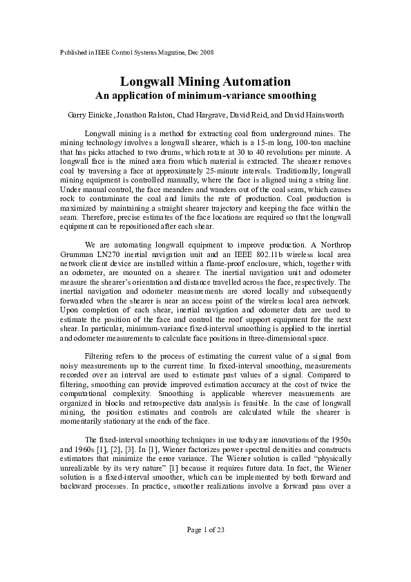Pdf Longwall Mining Automation An Application Of Minimum Variance