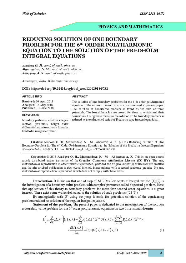 (PDF) REDUCING SOLUTION OF ONE BOUNDARY PROBLEM FOR THE 6 th ORDER POLYHARMONIC EQUATION TO THE ...