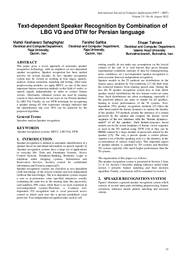 Pdf Text Dependent Speaker Recognition By Combination Of Lbg Vq And Dtw For Persian Language