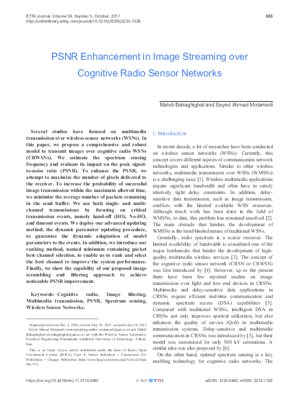 (PDF) PSNR Enhancement in Image Streaming over Cognitive Radio Sensor Networks