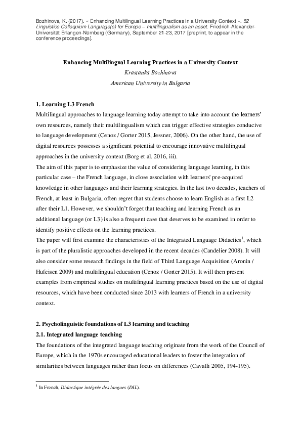 (PDF) Enhancing Multilingual Learning Practices in a University Context