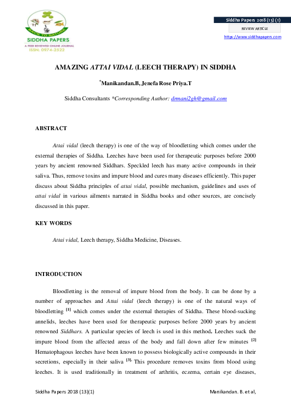 (PDF) AMAZING ATTAI VIDAL (LEECH THERAPY) IN SIDDHA