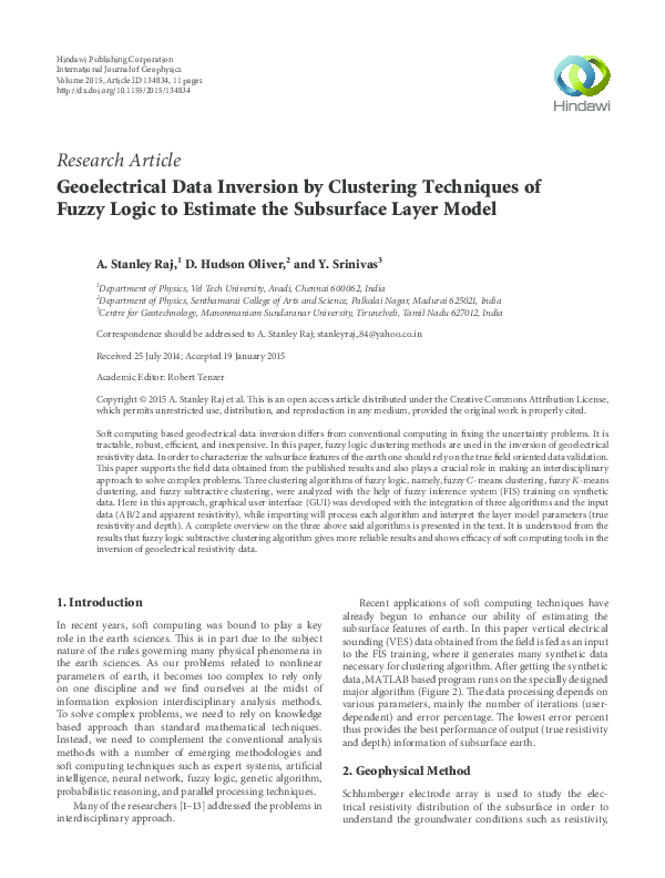 (PDF) Geoelectrical Data Inversion by Clustering Techniques of Fuzzy Logic to Estimate the ...