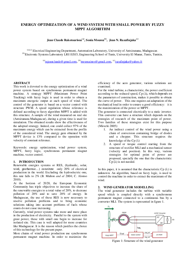 Pdf Energy Optimization Of A Wind System With Small Power By Fuzzy