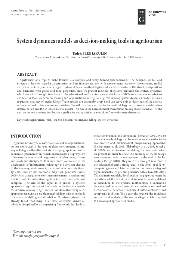 (PDF) System dynamics models as decision-making tools in agritourism