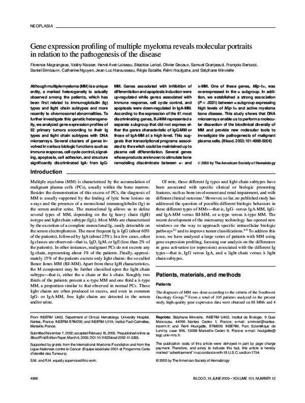 (PDF) Gene expression profiling of multiple myeloma reveals molecular portraits in relation to ...