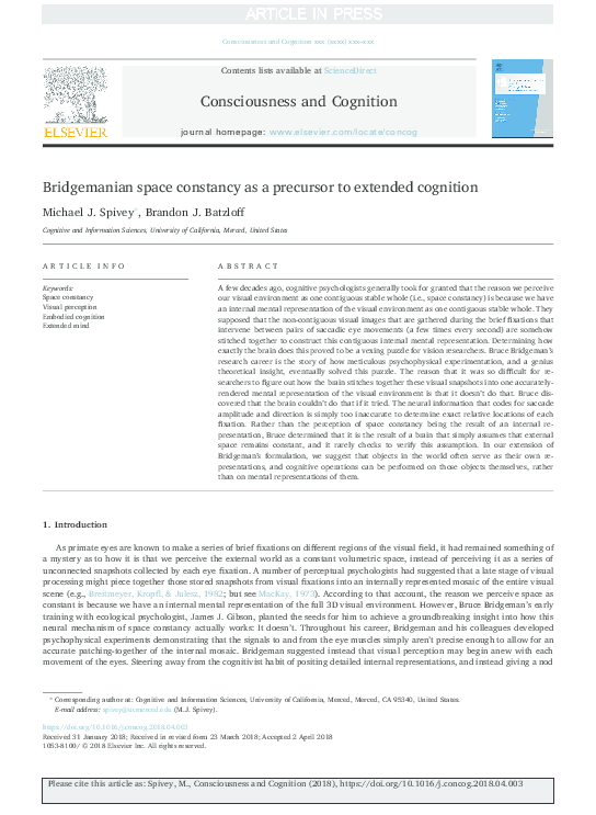 (PDF) Bridgemanian space constancy as a precursor to extended cognition