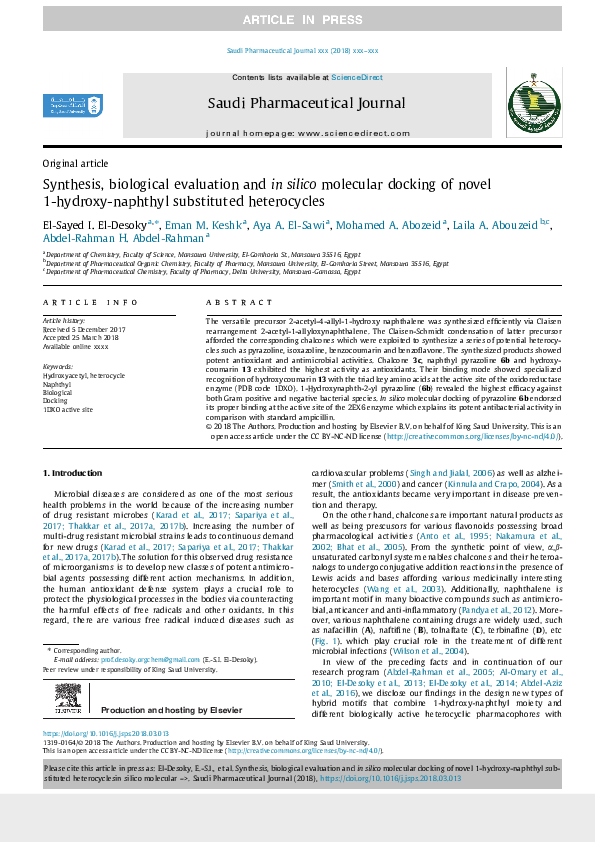 (PDF) Synthesis, biological evaluation and molecular docking of novel ...