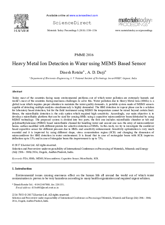 Pdf Heavy Metal Ion Detection In Water Using Mems Based Sensor