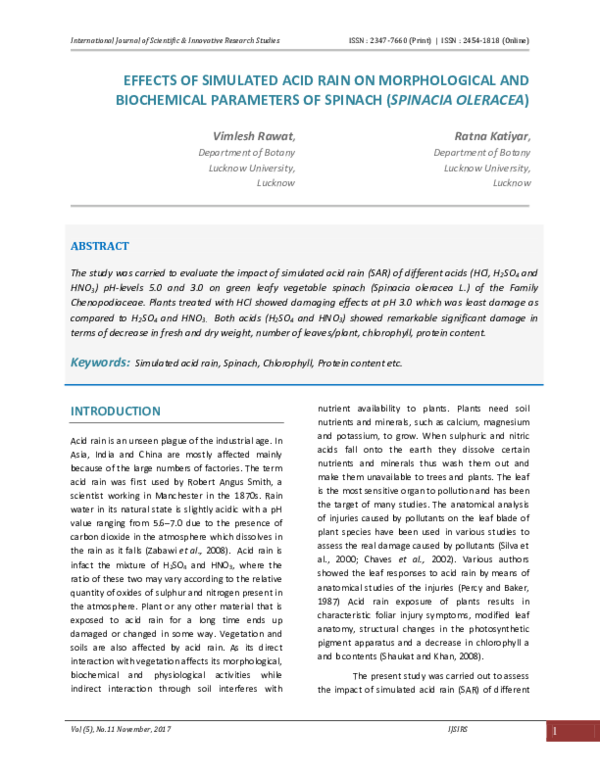 (PDF) EFFECTS OF SIMULATED ACID RAIN ON MORPHOLOGICAL AND BIOCHEMICAL ...