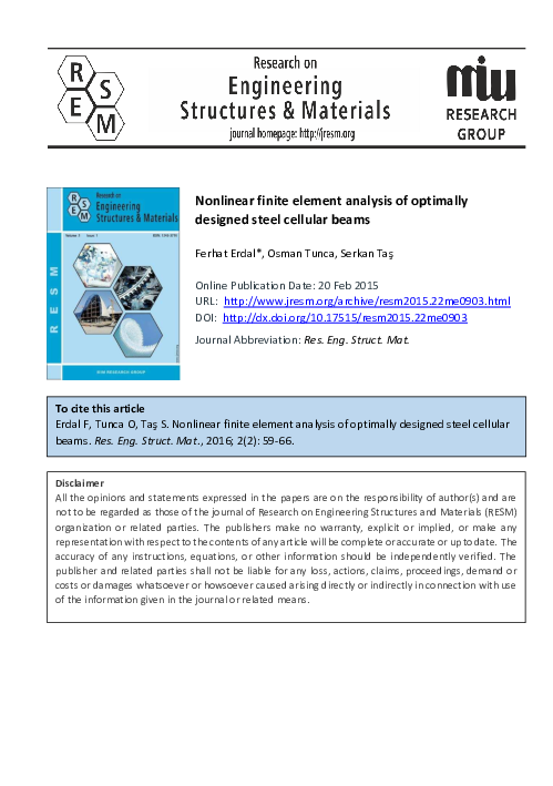Pdf Nonlinear Finite Element Analysis Of Optimally Designed Steel Cellular Beams
