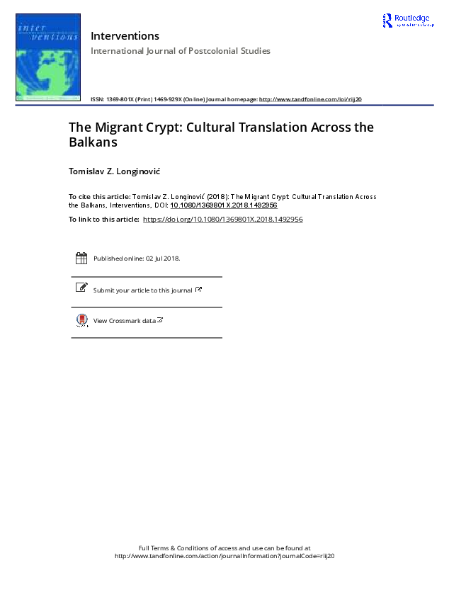 (PDF) The Migrant Crypt: Cultural Translation Across the Balkans
