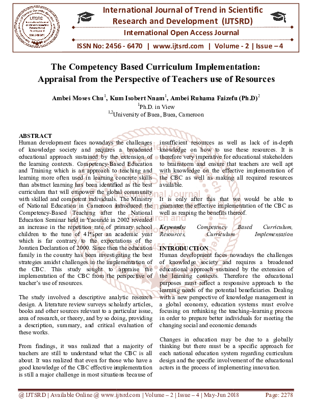 (PDF) The Competency Based Curriculum Implementation: Appraisal from the Perspective of Teachers ...