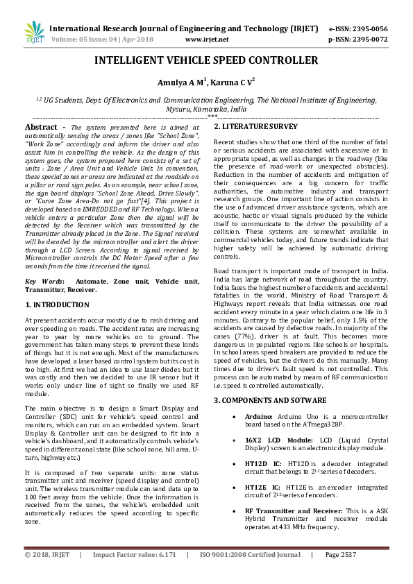 (PDF) INTELLIGENT VEHICLE SPEED CONTROLLER