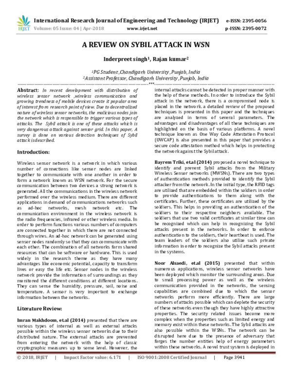 (PDF) A REVIEW ON SYBIL ATTACK IN WSN