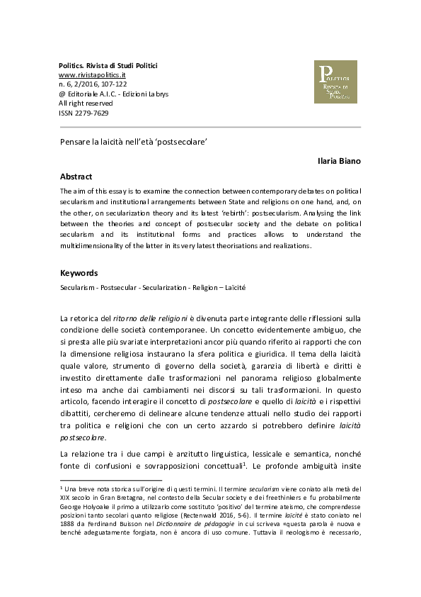 (PDF) (2016) Pensare la laicità nell’età ‘postsecolare’