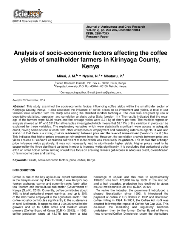 (PDF) Analysis of socio-economic factors affecting the coffee yields of smallholder farmers in ...