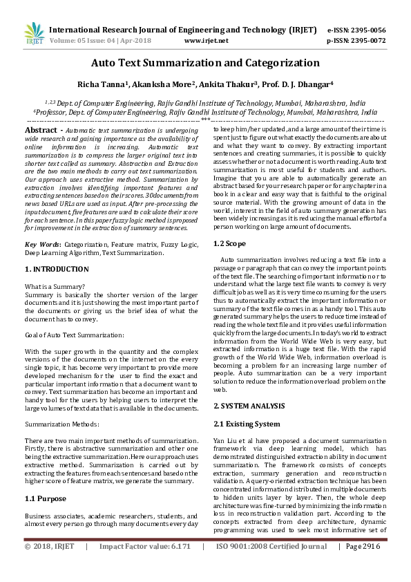 Pdf Auto Text Summarization And Categorization