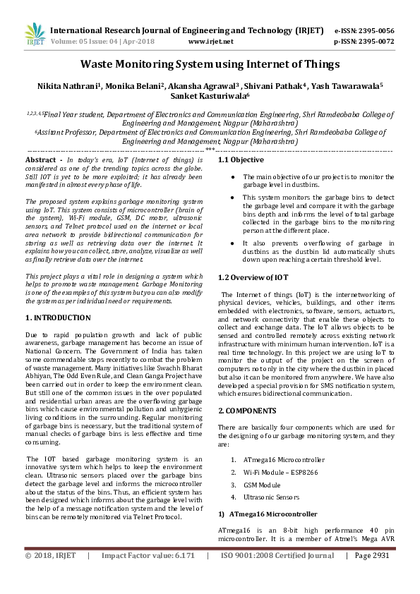(PDF) Waste Monitoring System using Internet of Things | IRJET Journal ...