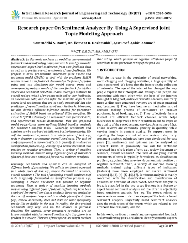 Pdf Research Paper On Sentiment Analyzer By Using A Supervised Joint