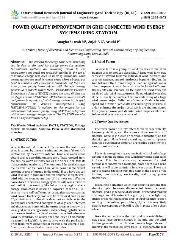 (PDF) POWER QUALITY IMPROVEMENT IN GRID CONNECTED WIND ENERGY SYSTEMS USING STATCOM