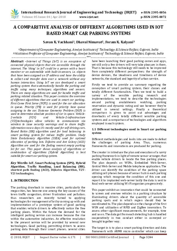 (PDF) A COMPARITIVE ANALYSIS OF DIFFERENT ALGORITHMS USED IN IOT BASED SMART CAR PARKING SYSTEMS