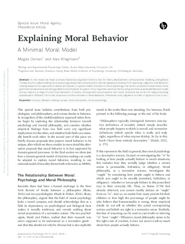 (PDF) Explaining Moral Behavior A Minimal Moral Model