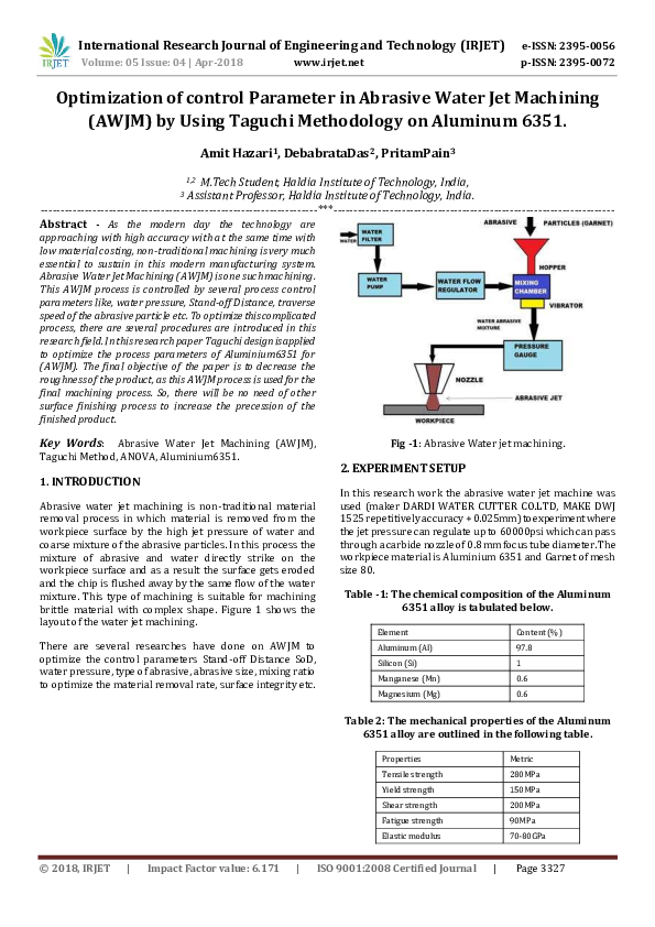 (PDF) IRJET-Optimization of control Parameter in Abrasive Water Jet Machining (AWJM) by using ...