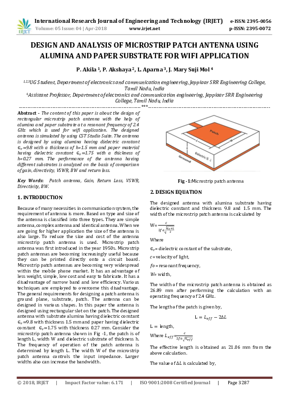 (PDF) DESIGN AND ANALYSIS OF MICROSTRIP PATCH ANTENNA USING ALUMINA AND ...