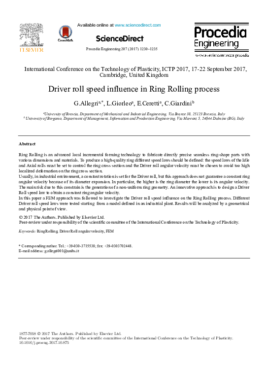 (PDF) Driver roll speed influence in Ring Rolling process Driver roll ...