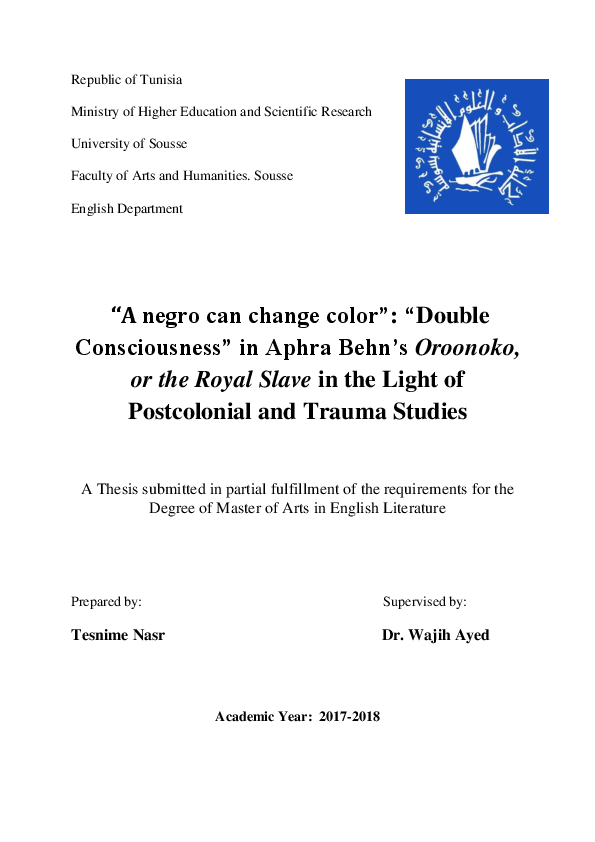 (PDF) " A negro can change color " : " Double Consciousness " in Aphra ...