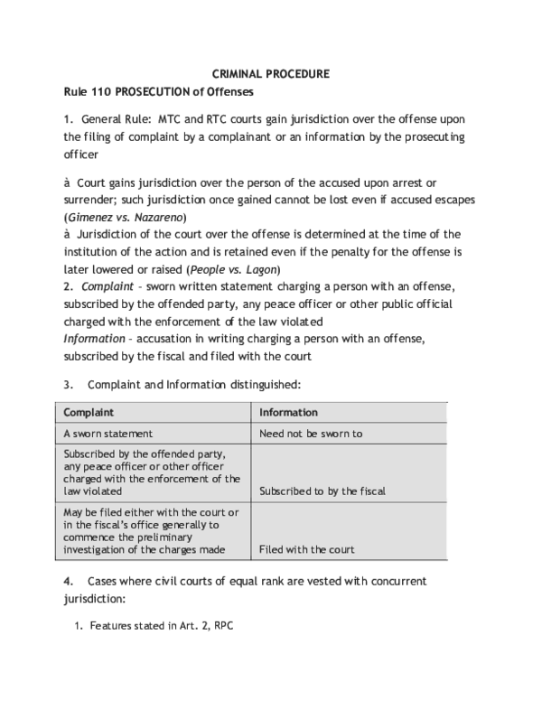 (DOC) CRIMINAL PROCEDURE Rule 110 PROSECUTION of Offenses