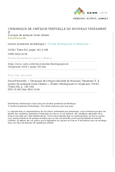 (PDF) « Chronique de critique textuelle du Nouveau Testament II. À ...