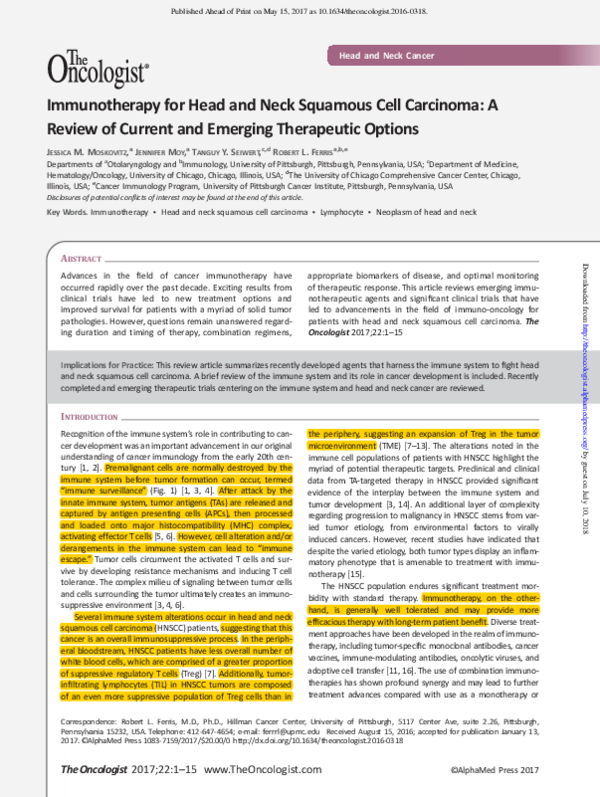 (PDF) Immunotherapy for Head and Neck Squamous Cell Carcinoma: A Review of Current and Emerging ...