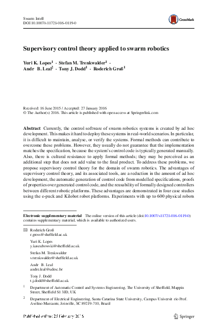 Pdf Supervisory Control Theory Applied To Swarm Robotics