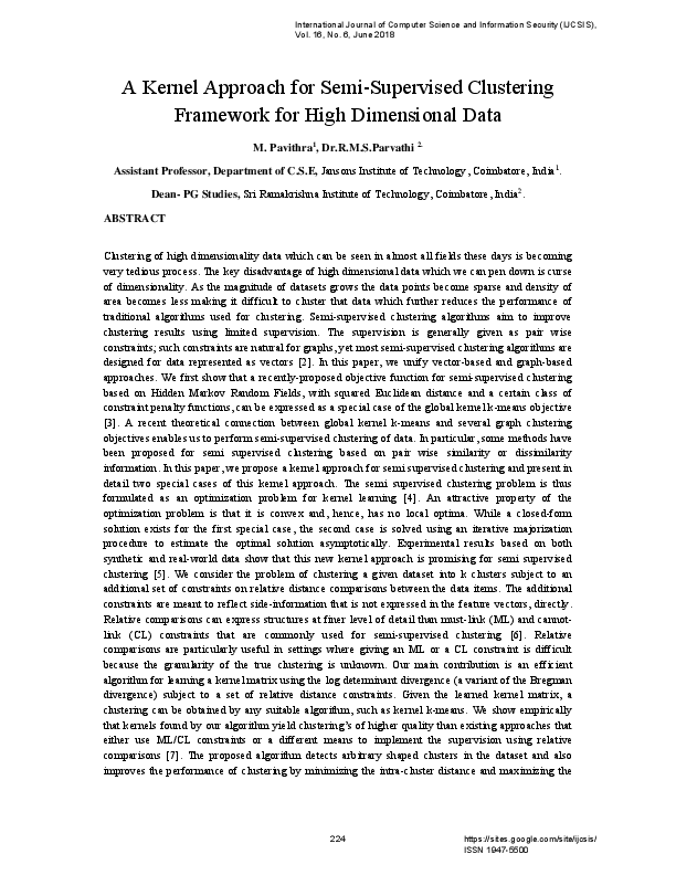Pdf A Kernel Approach For Semi Supervised Clustering Framework For High Dimensional Data