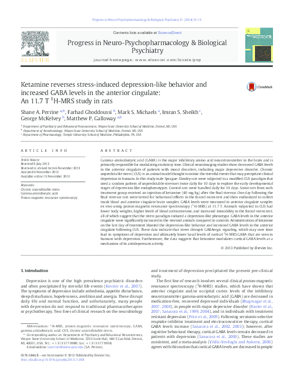 (PDF) Ketamine reverses stress-induced depression-like behavior and increased GABA levels in the ...