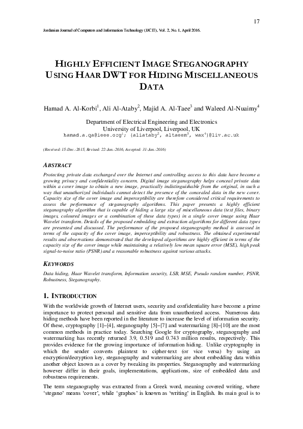 (PDF) Highly Efficient Image Steganography Using Haar DWT for Hiding Miscellaneous Data