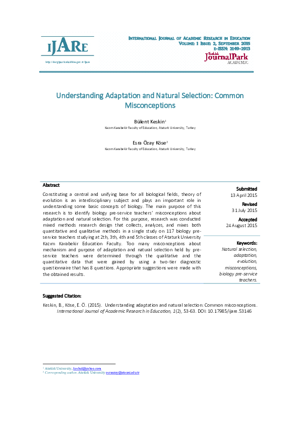 (PDF) Understanding Adaptation and Natural Selection: Common Misconceptions