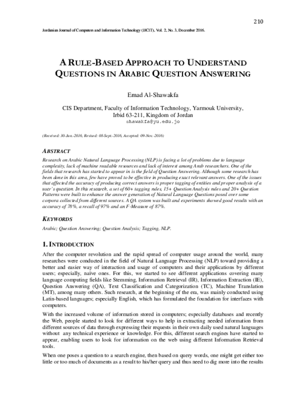 Pdf A Rule Based Approach To Understand Questions In Arabic Question Answering