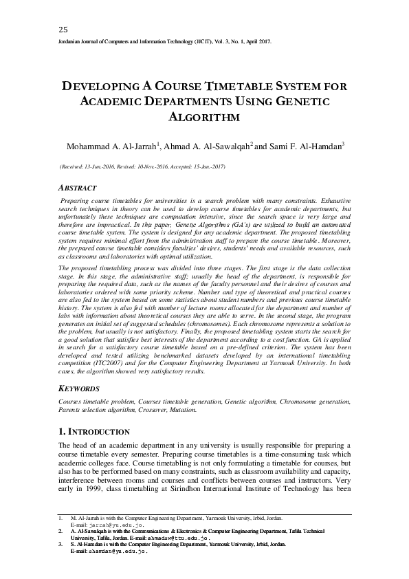 Pdf Developing A Course Timetable System For Academic Departments Using Genetic Algorithm