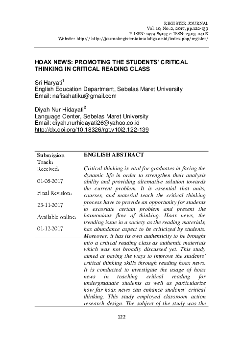 (PDF) HOAX NEWS: PROMOTING THE STUDENTS' CRITICAL THINKING IN CRITICAL ...