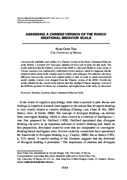 (PDF) ASSESSING A CHINESE VERSION OF THE RUNCO IDEATIONAL BEHAVIOR SCALE