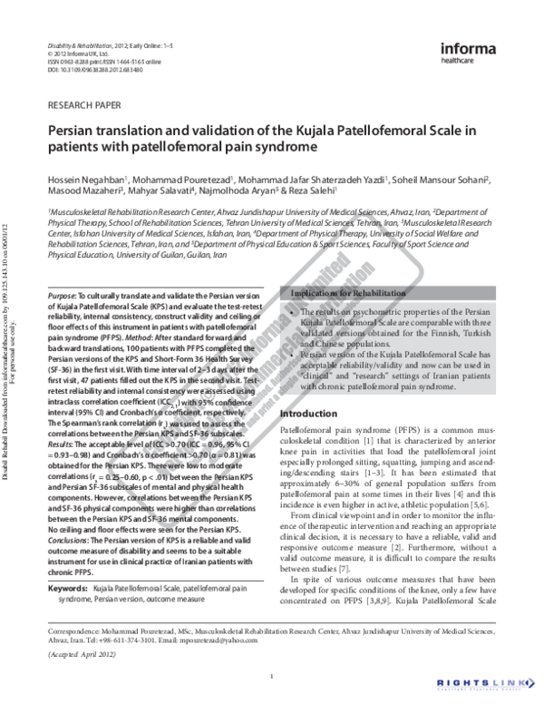(PDF) Persian translation and validation of the Kujala Patellofemo