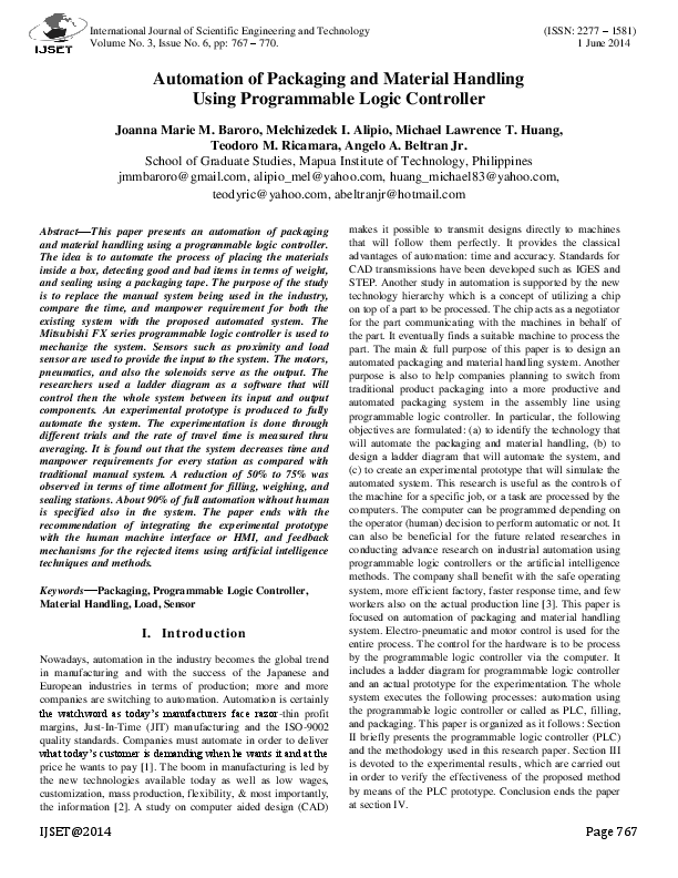 (PDF) Automation of Packaging and Material Handling Using Programmable Logic Controller
