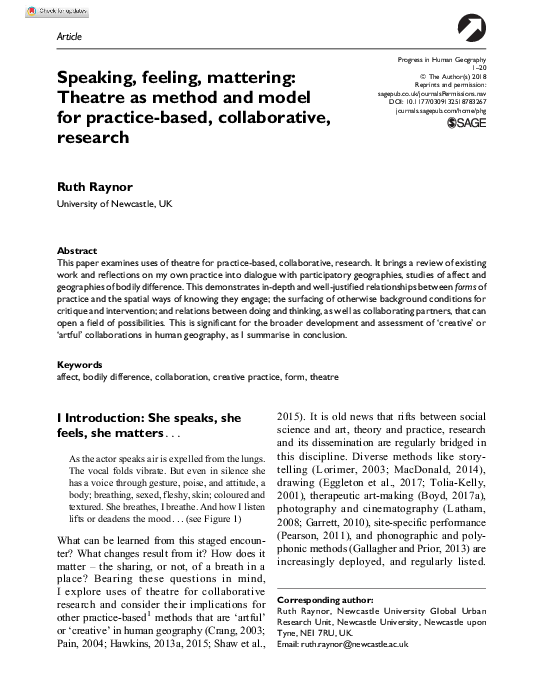 (PDF) Speaking, feeling, mattering: Theatre as method and model for ...