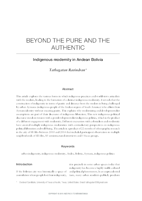 (PDF) BEYOND THE PURE AND THE AUTHENTIC Indigenous modernity in Andean ...
